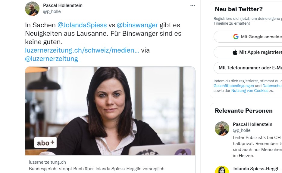 Spiess-Hegglin: Bundesgericht stoppt Binswanger-Buch - kleinreport.ch